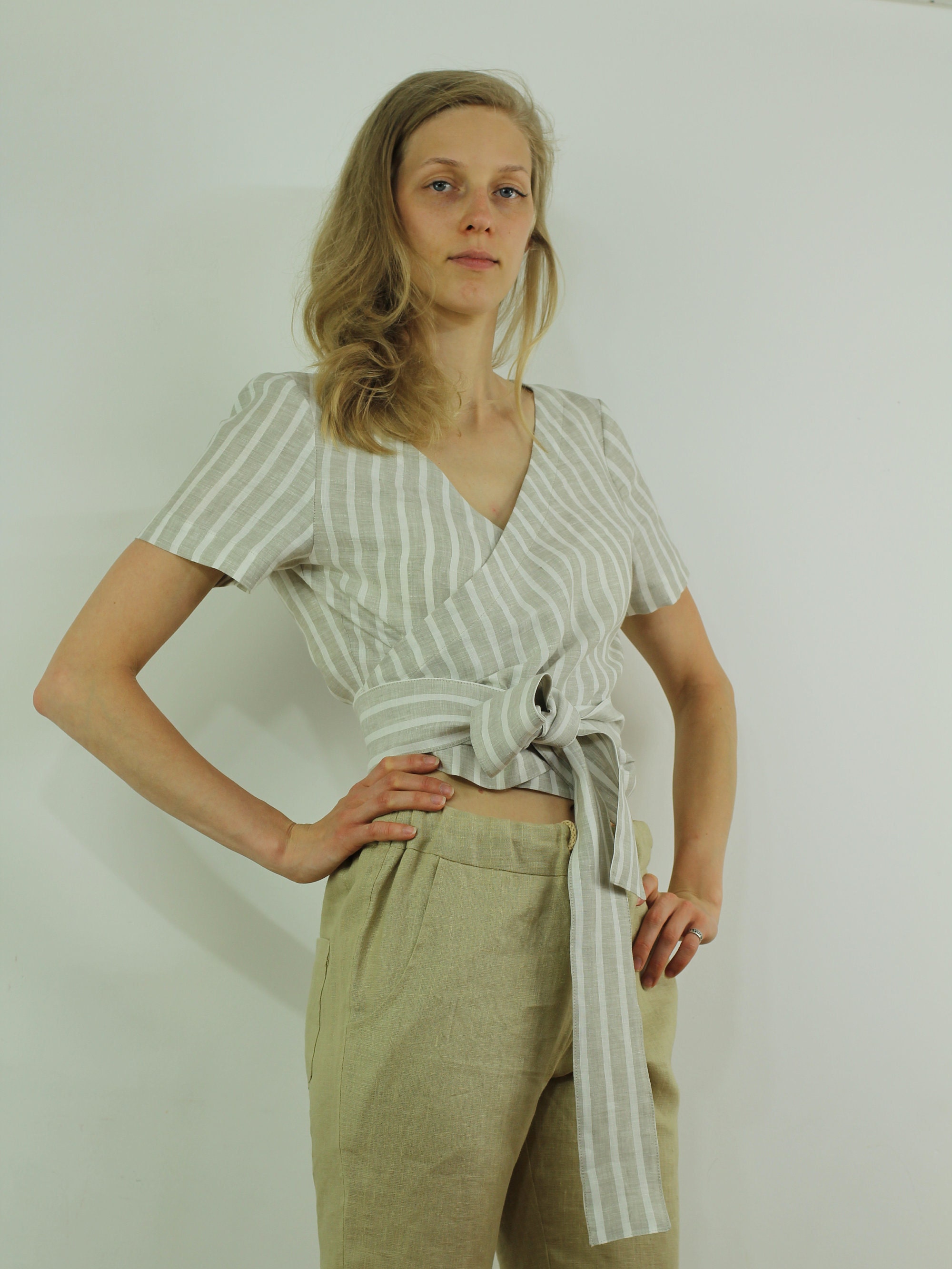 Wrap Leinen Top/Wrap Streifen Bluse/Frauen Top/Wrap Bluse/Damen ...