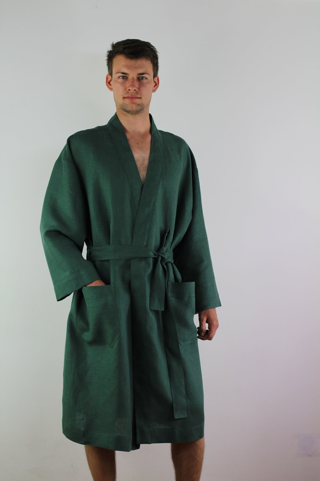 Handmade Bottle Green Bathrobe Wor Men, Kimono Robe, Pure Linen ...