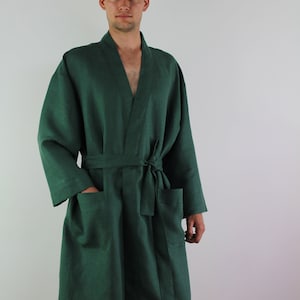 Handmade Bottle Green Bathrobe Wor Men, Kimono Robe, Pure Linen ...