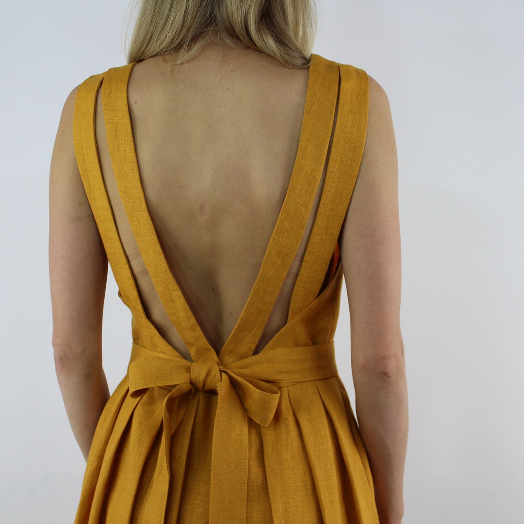 Linen Women Dress, Linen Casual Dress, Summer Backless Dress, Dress ...