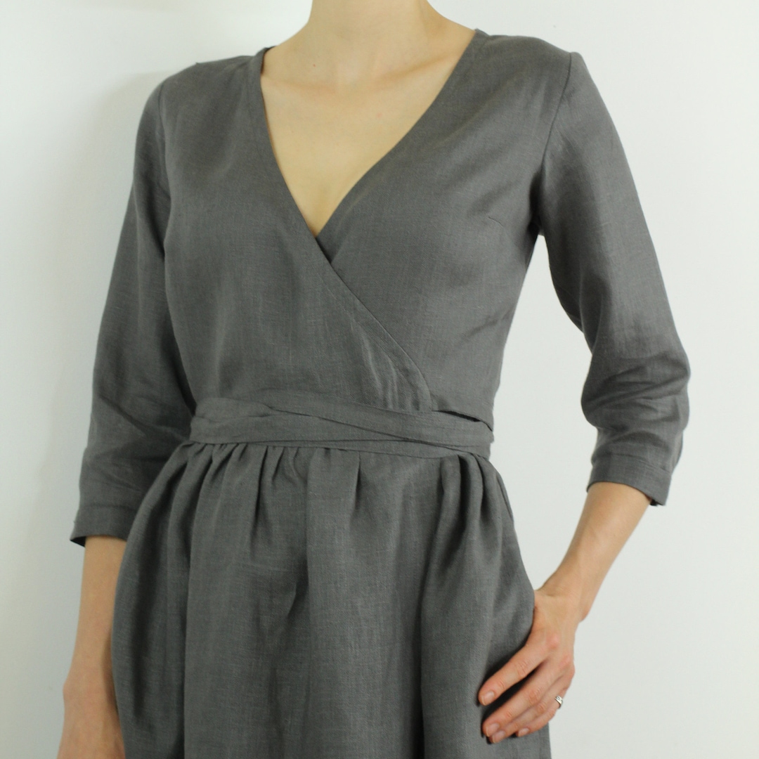 Linen Wrap Dress With 3/4 Sleeves and 2 Pockets/ Linen Women Dress ...