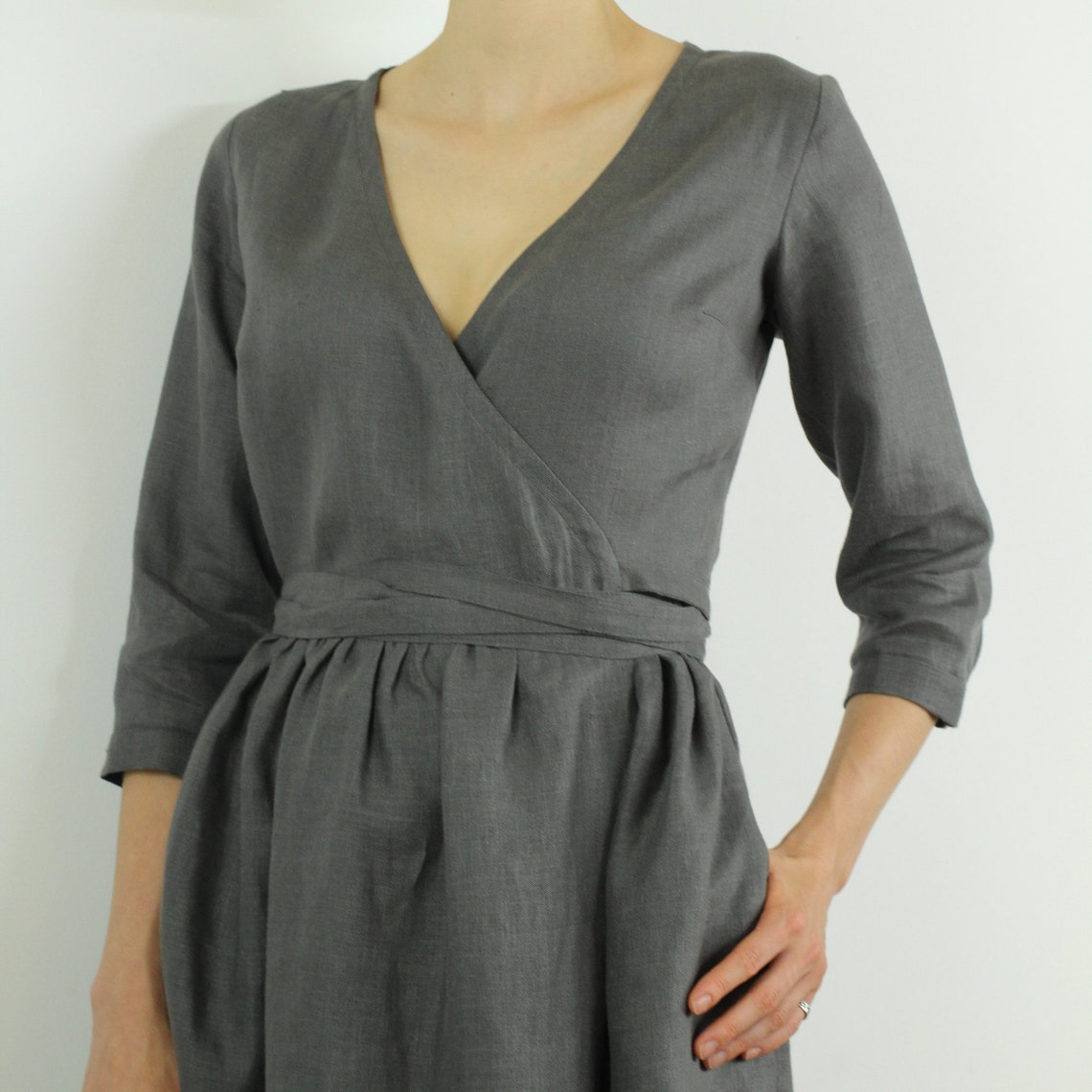 Linen Wrap Dress With Long Sleeves and 2 Pockets/ Linen Women Dress ...