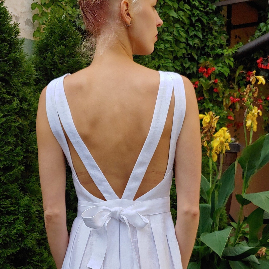 Maxi Linen Dress, Linen Casual Dress, Summer Backless Dress, Open Back ...