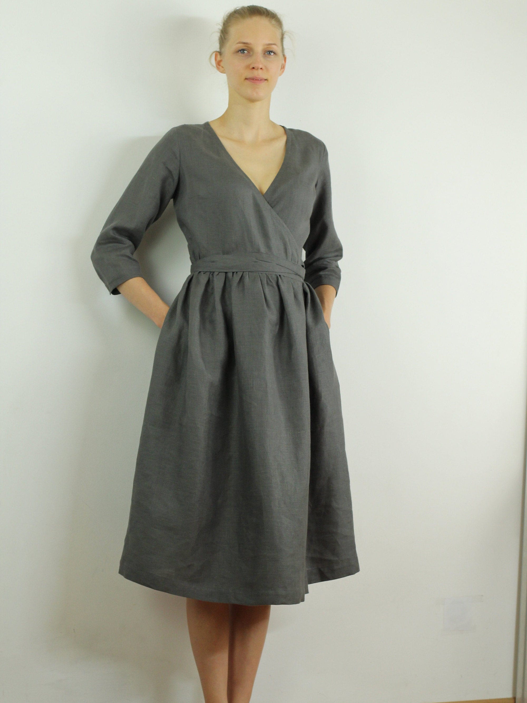 Linen Wrap Dress With 3/4 Sleeves and 2 Pockets/ Linen Women Dress ...