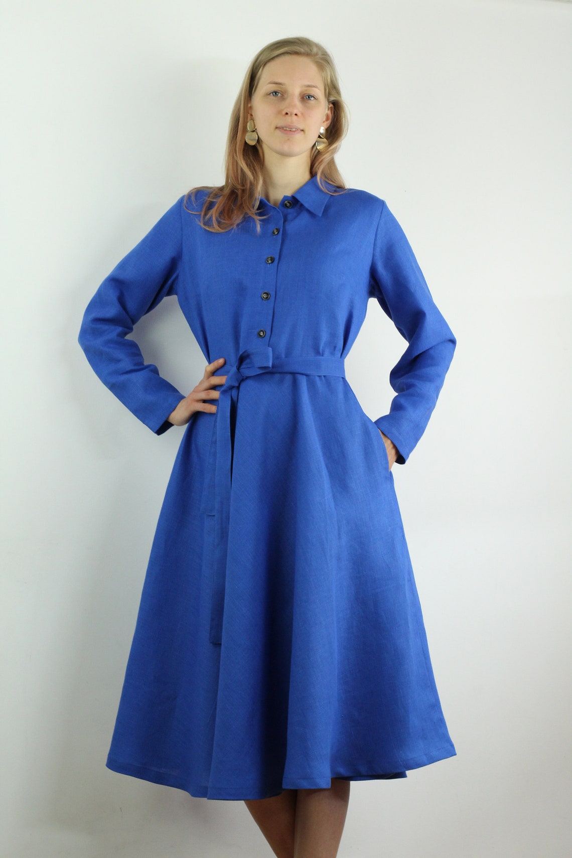 Linen Maxi Dress, Linen Casual Dress, Linen Summer Dress, Shirt Collar ...