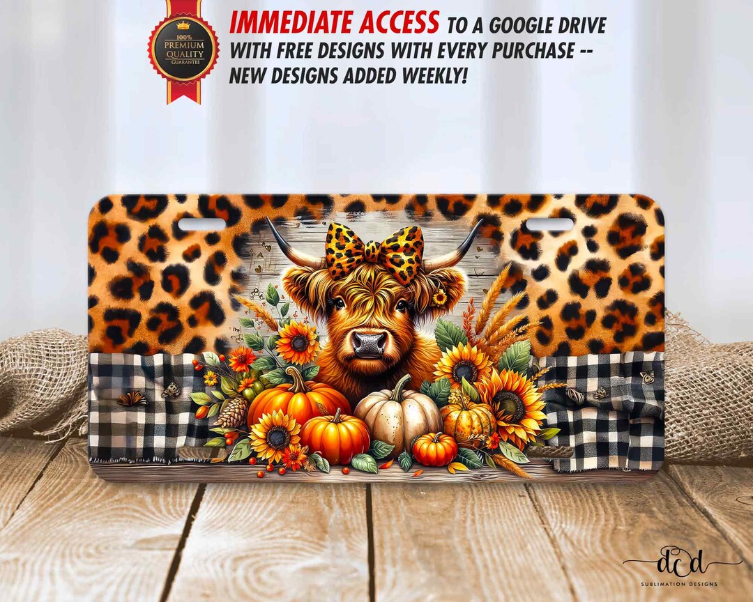 Fall Highland Cow License Plate PNG for Sublimation / Rustic Wood ...