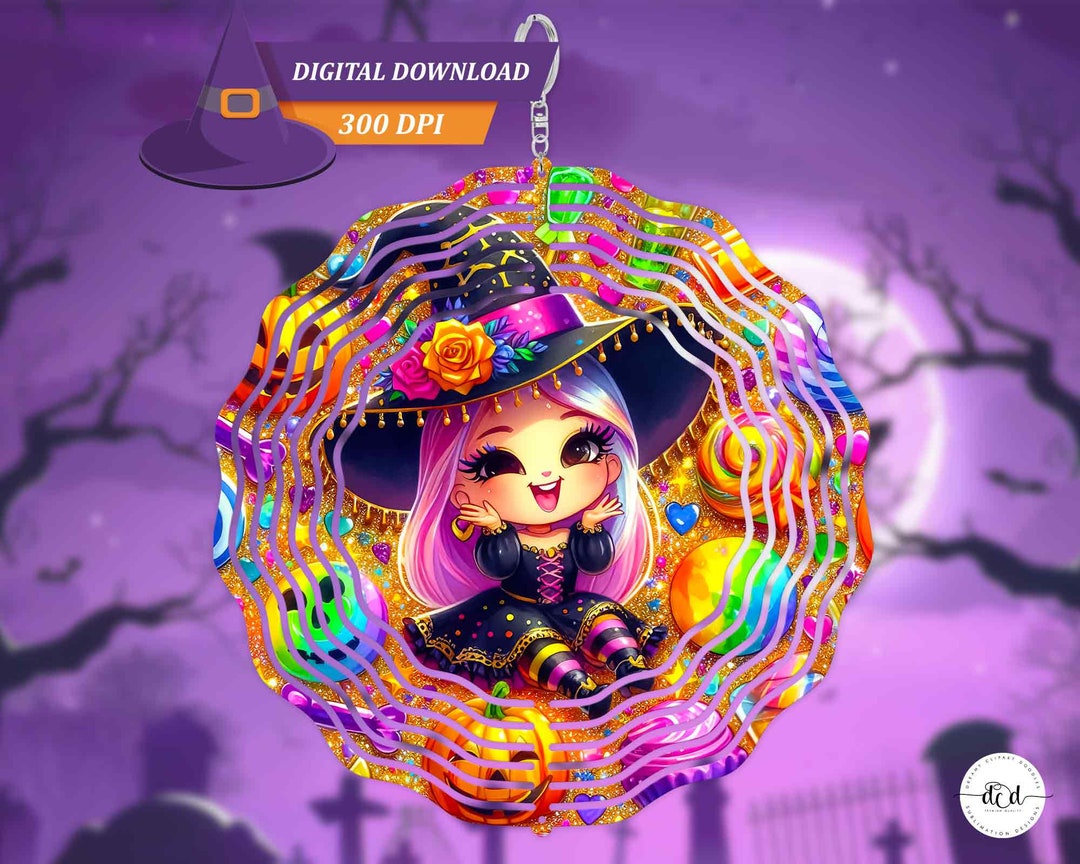 Halloween Witch Girl Wind Spinner Sublimation PNG / Colorful Neon Candy ...