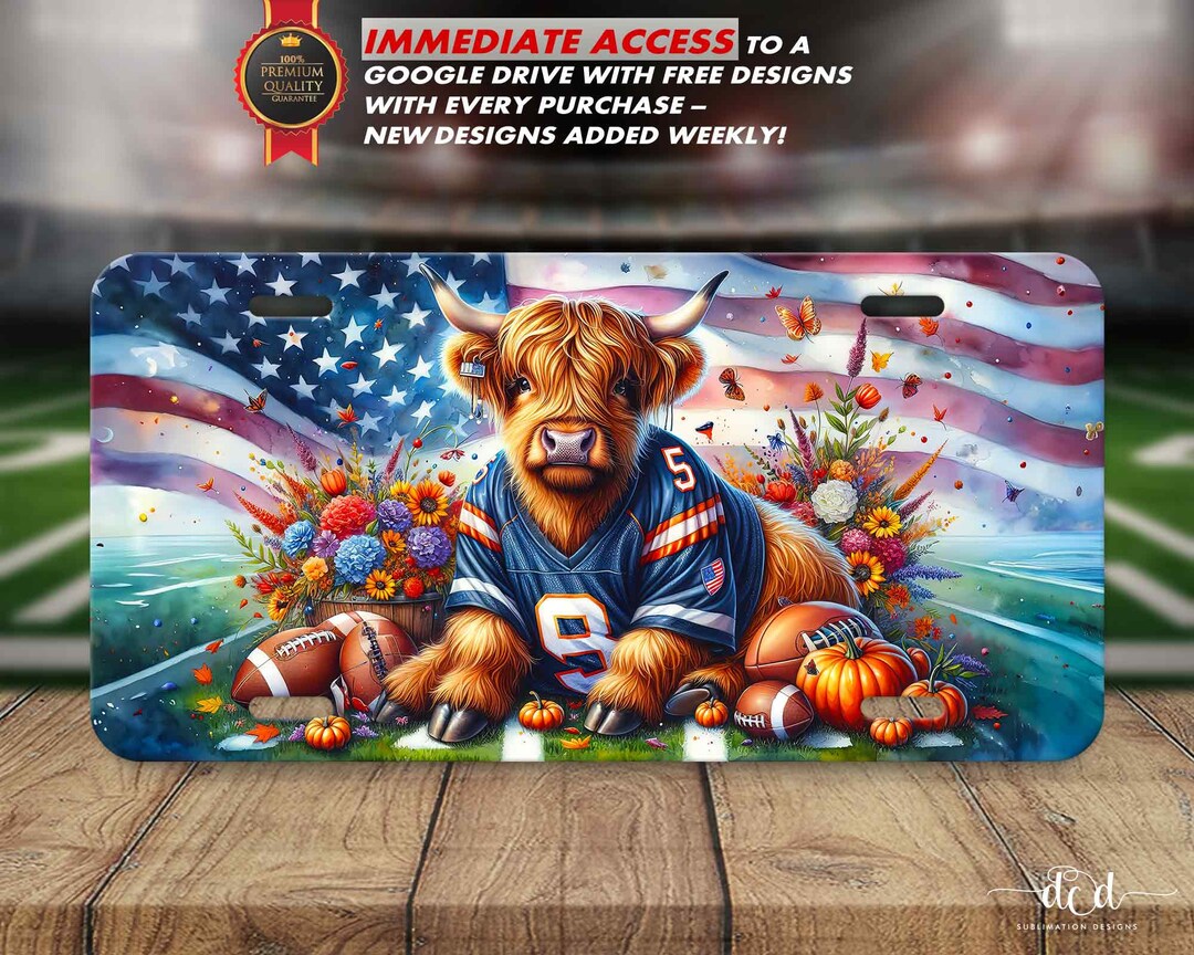 Fall Highland Cow License Plate PNG for Sublimation / American Football ...