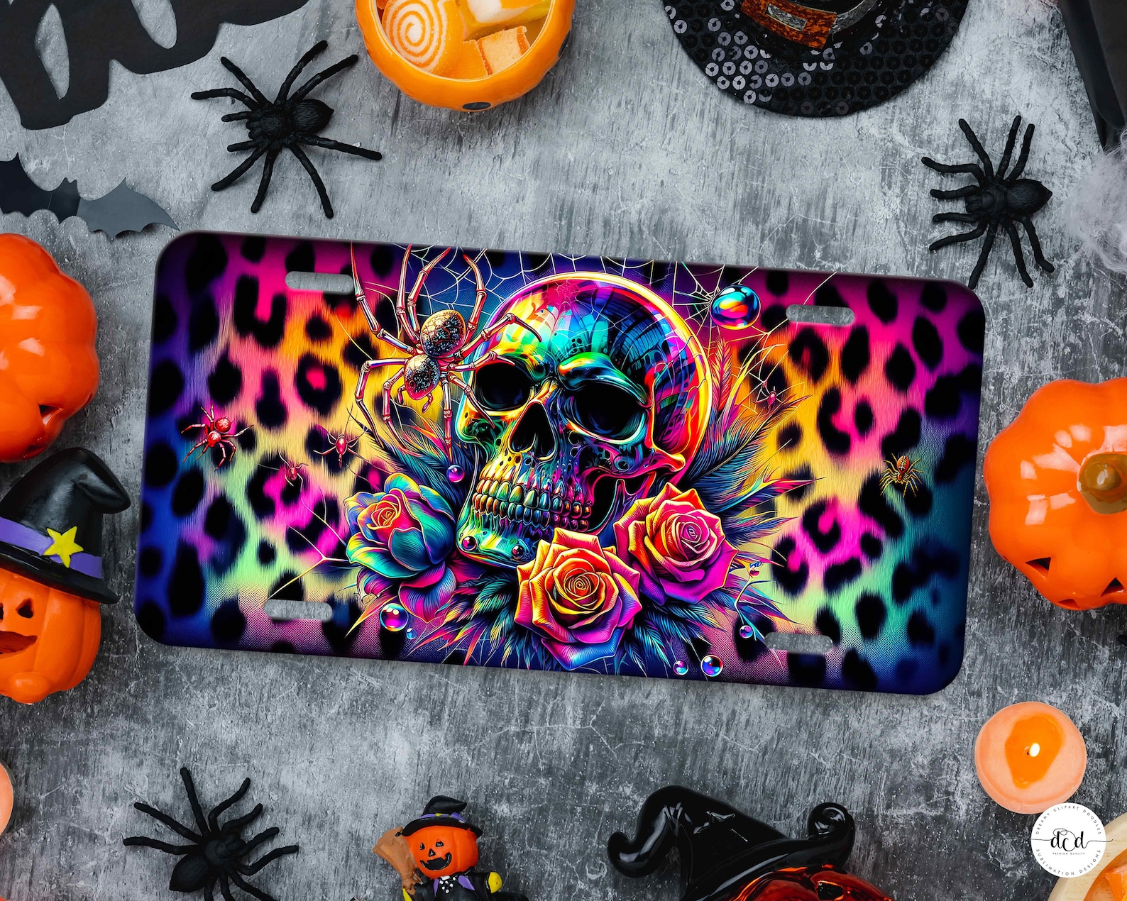 Halloween 6x12 License Plate PNG for Sublimation / Neon Skull Spider ...