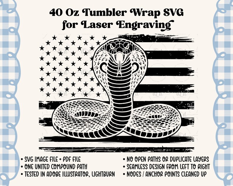 Snake SVG 40 Oz Laser Tumbler Wrap, Patriotic Rustic US Flag Cobra ...