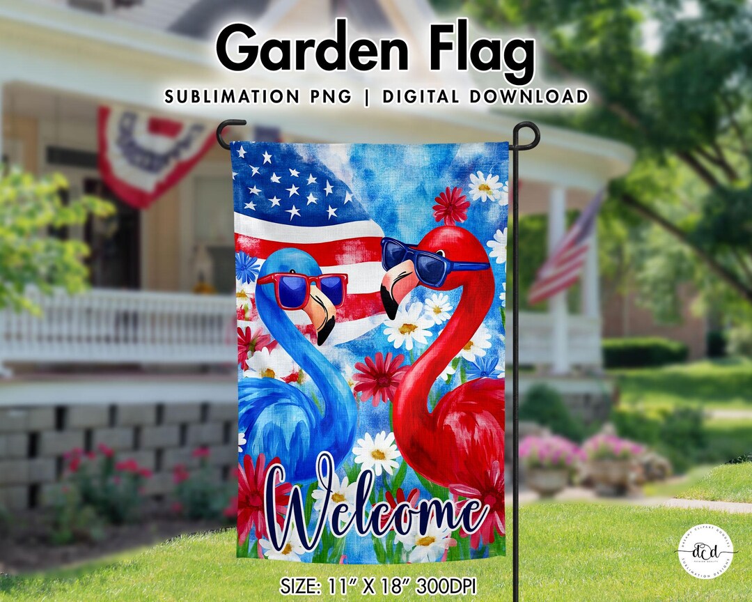 Flamingos PNG Garden Flag Sublimation, America USA Flag Daisies 4th of ...