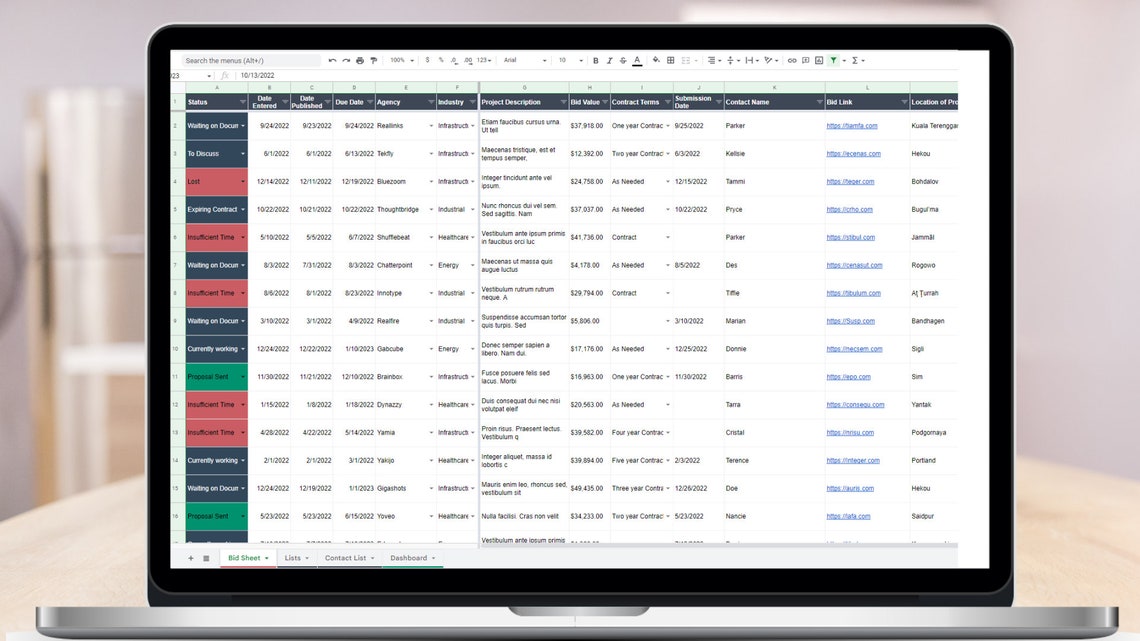 Bid Tracker Spreadsheet: Google Sheets Template (digital Download) - Etsy