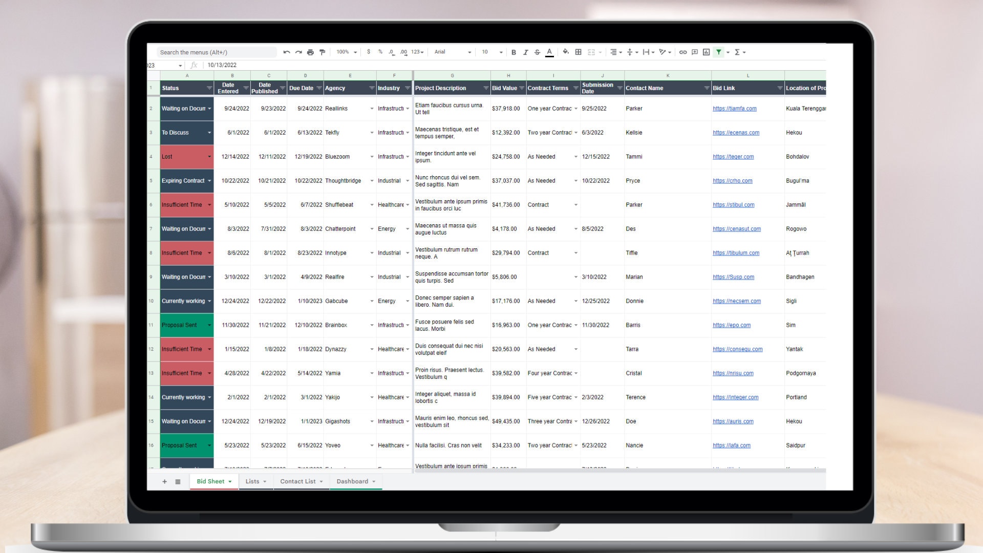 Bid Tracker Spreadsheet: Google Sheets Template (digital Download) - Etsy