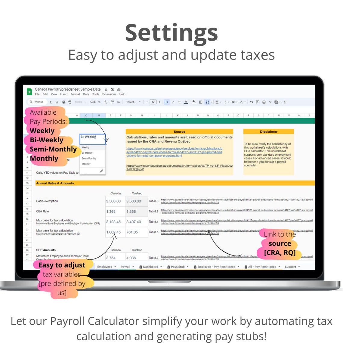 2026 + 2025 Canada Payroll Spreadsheet: CRA/RQ Compliant (excel & Google Sheets), Automated Tax ...