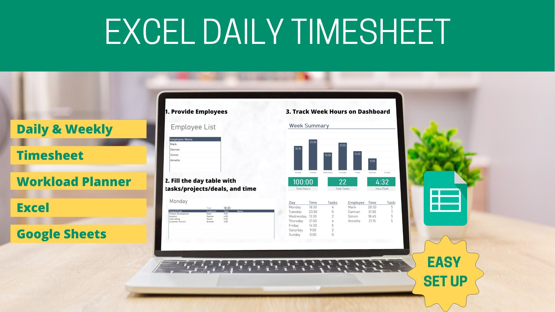 Excel Daily Timesheet - Tasks Tracker - Week Hours - Excel Template - Etsy