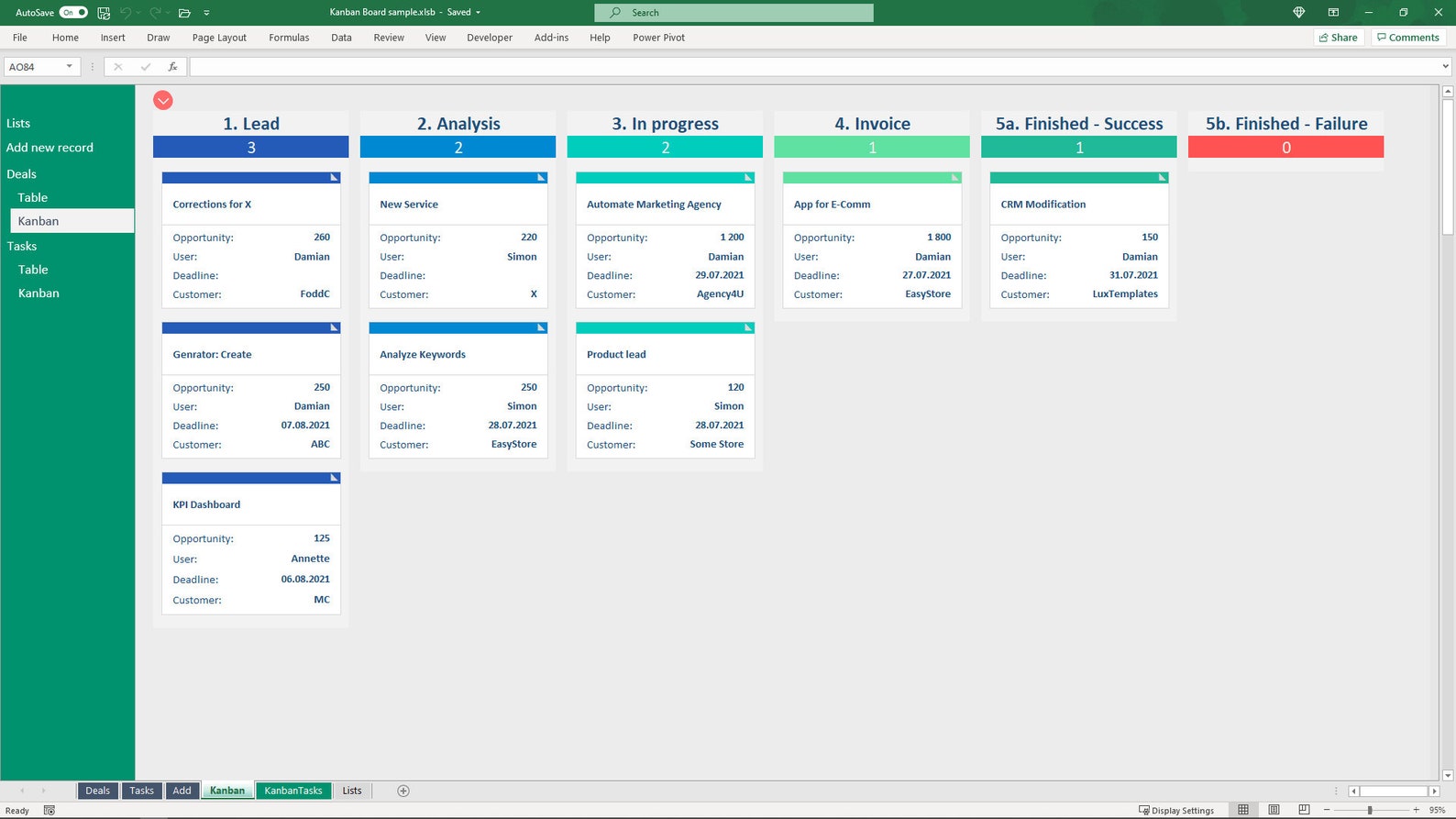 Excel Kanban Board - Deal & Task Management - Etsy