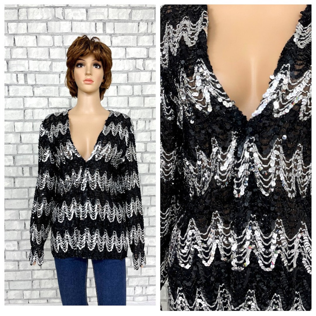 Black Silver Sequin Jacket M/L Womens Jacket Women Blazer Silver Blazer Silver Jacket Sequin ...
