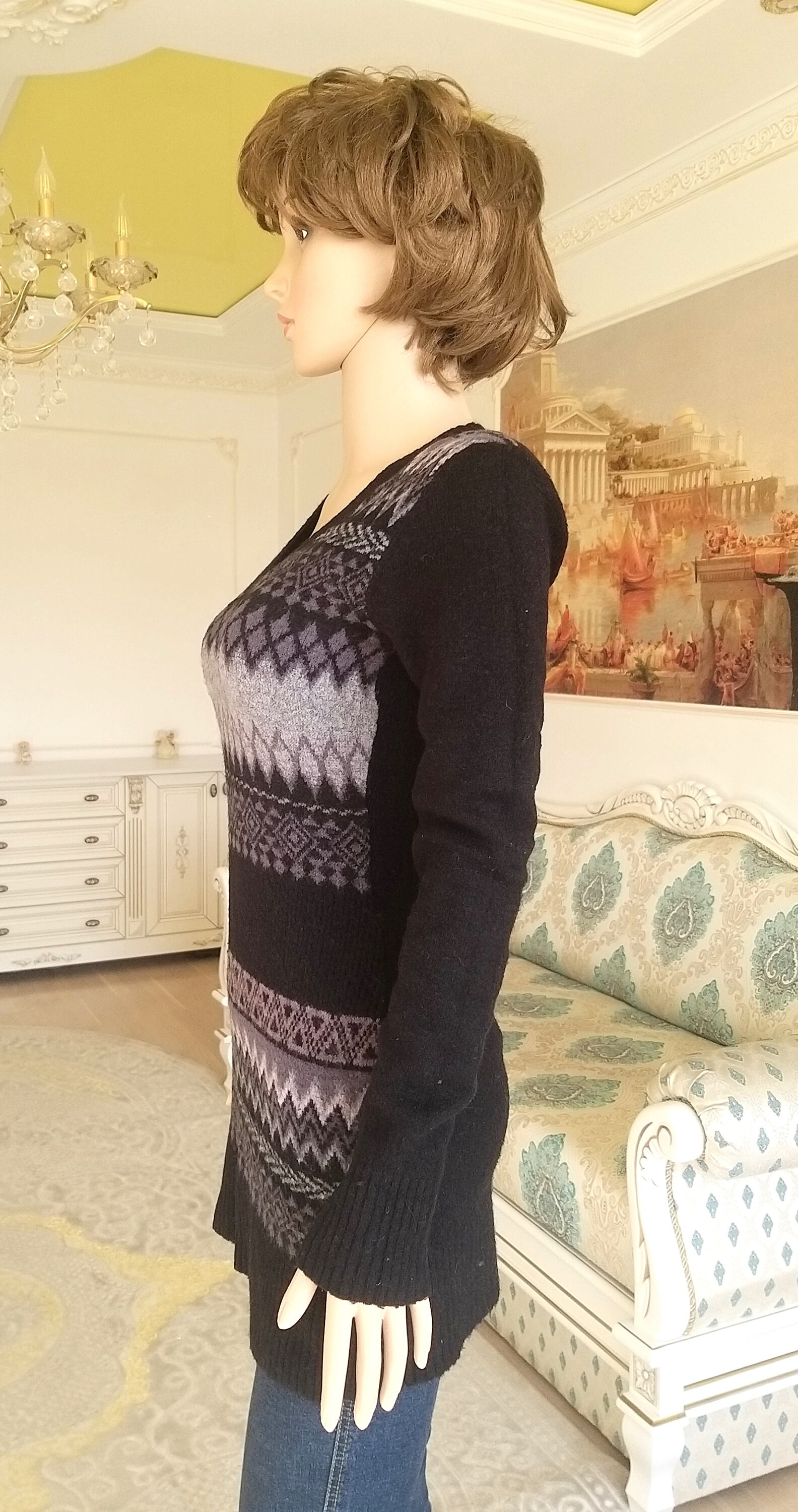 Womens Sweater Abstract Sweater V Sweater Mohair Sweater Black - Etsy