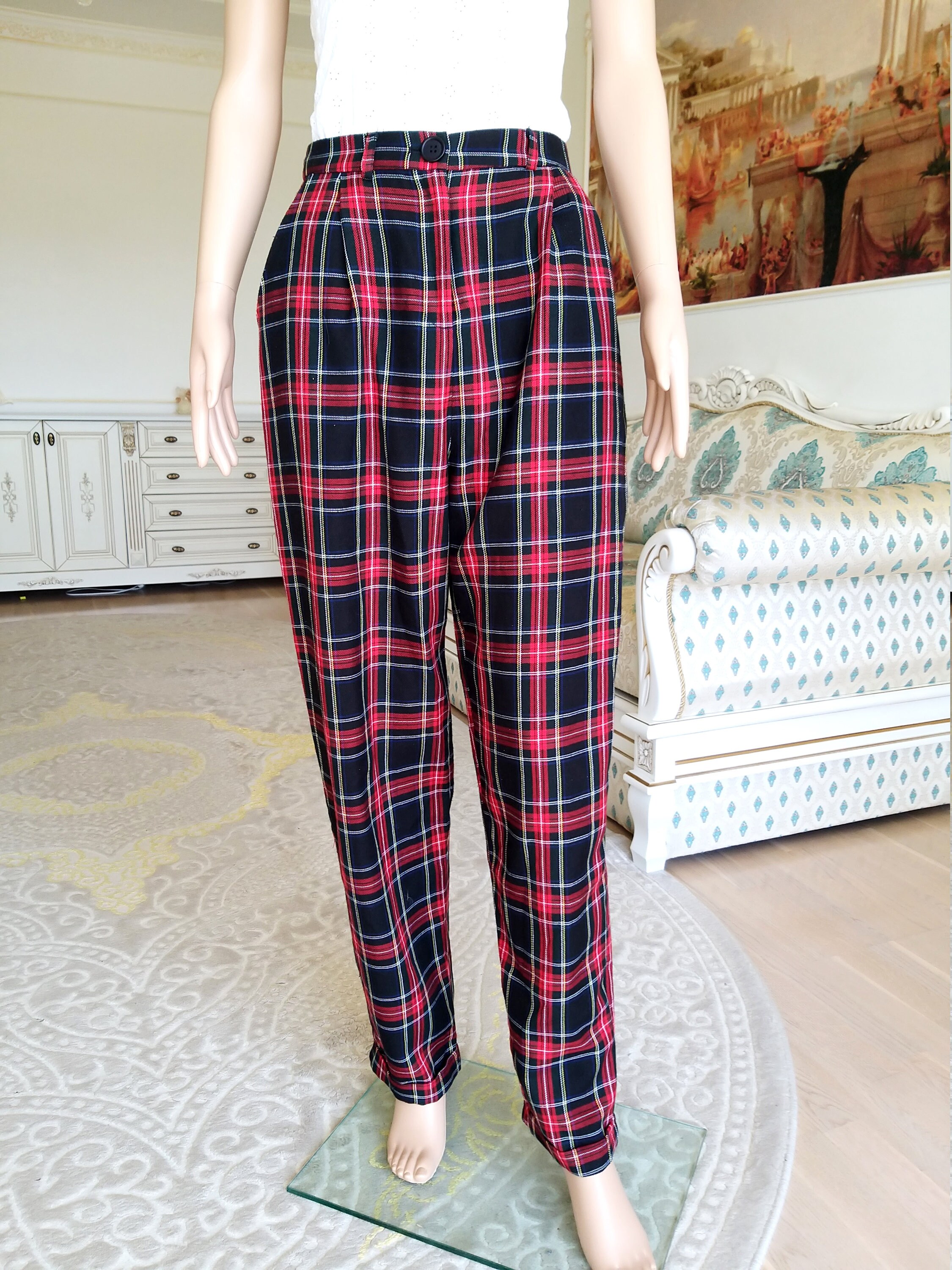 Red Plaid Pants womens Plaid Pants Retro Pants womens Pants | Etsy