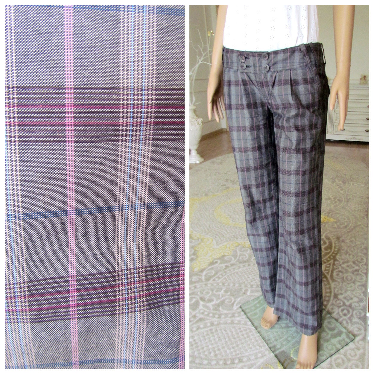 Gray Plaid Pants womens Plaid Pants Retro Pants womens Pants | Etsy