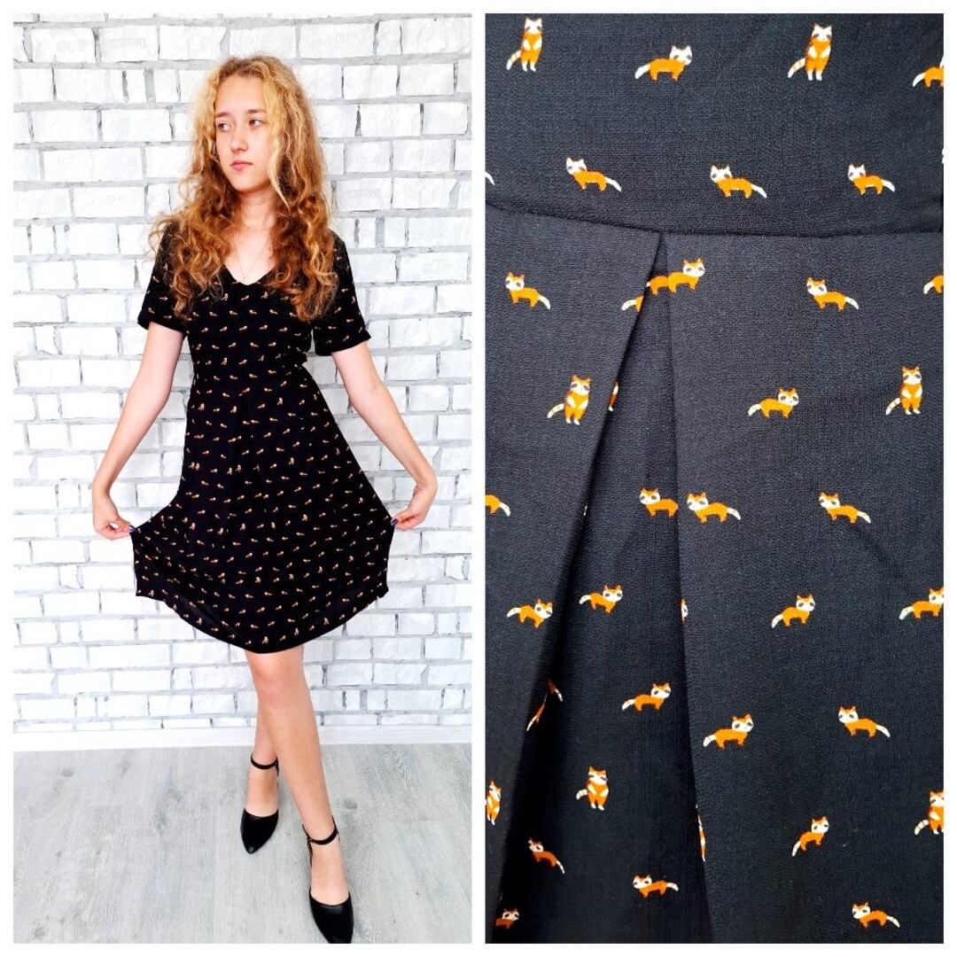 Womens Dress XS Circle Dress Red Panda Print Dress Black Dress Skater ...