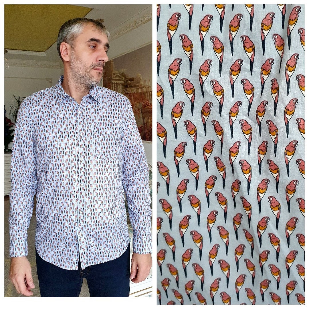 Mens Bird Print Shirt Blue Shirt Mens Casual Shirts Boho Shirts Hippie ...