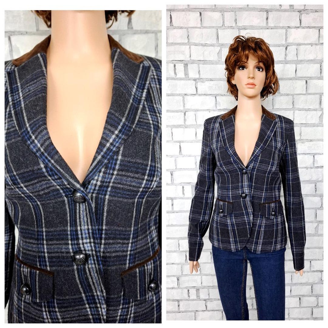 Women Blazer S Blue Plaid Jacket Plaid Blazer Womens Jacket Wool Blazer ...