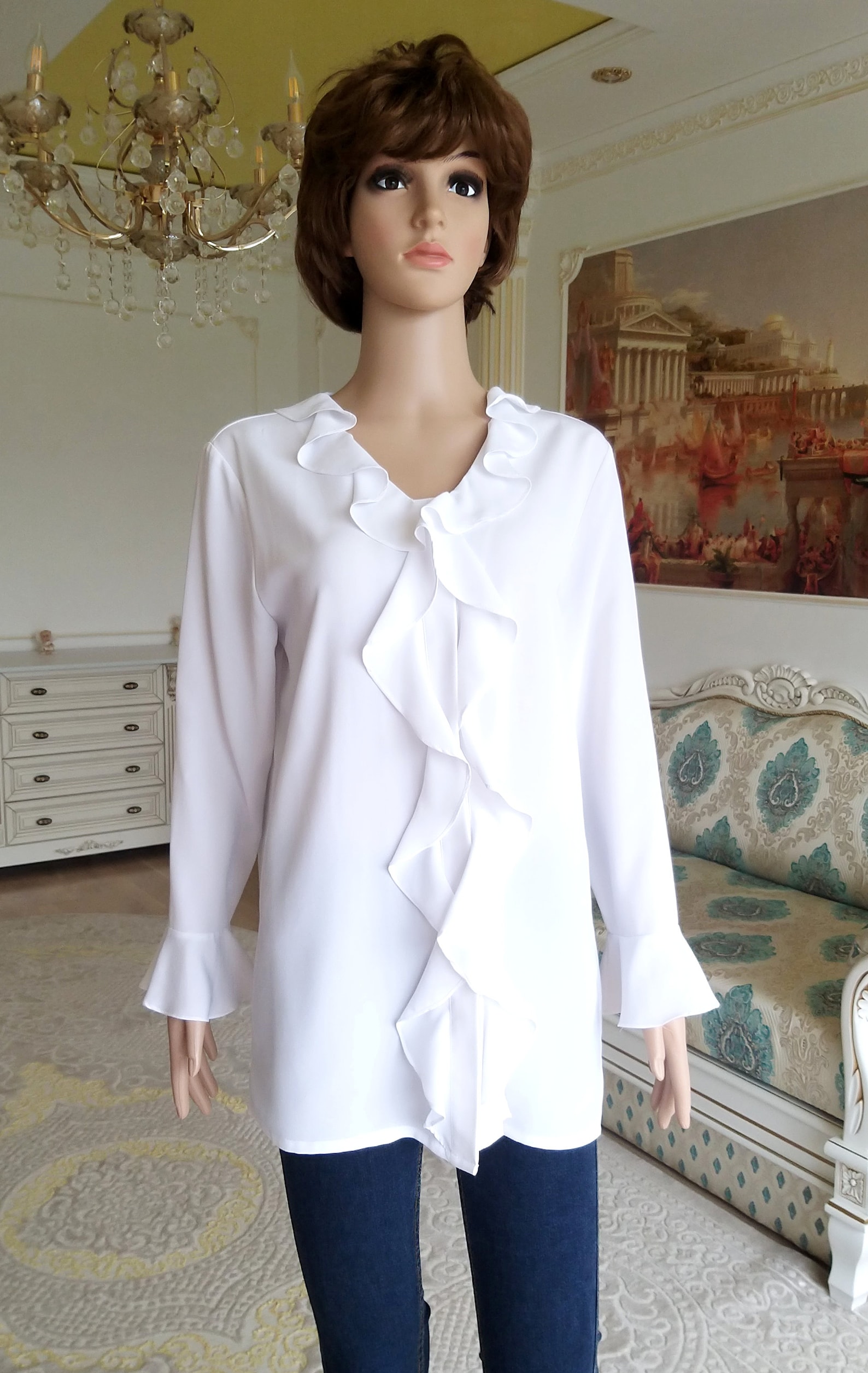 Ruffle blouse L white blouse white Ruffle shirt M boho shirt | Etsy