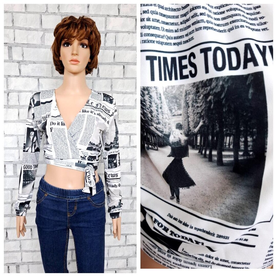 Womens Top Stretch Turtleneck M Newspaper Print Top Newspaper ...