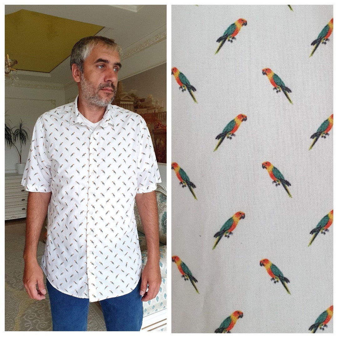 Mens Bird Print Shirt White Shirt Mens Casual Shirts Boho Shirts Hippie ...