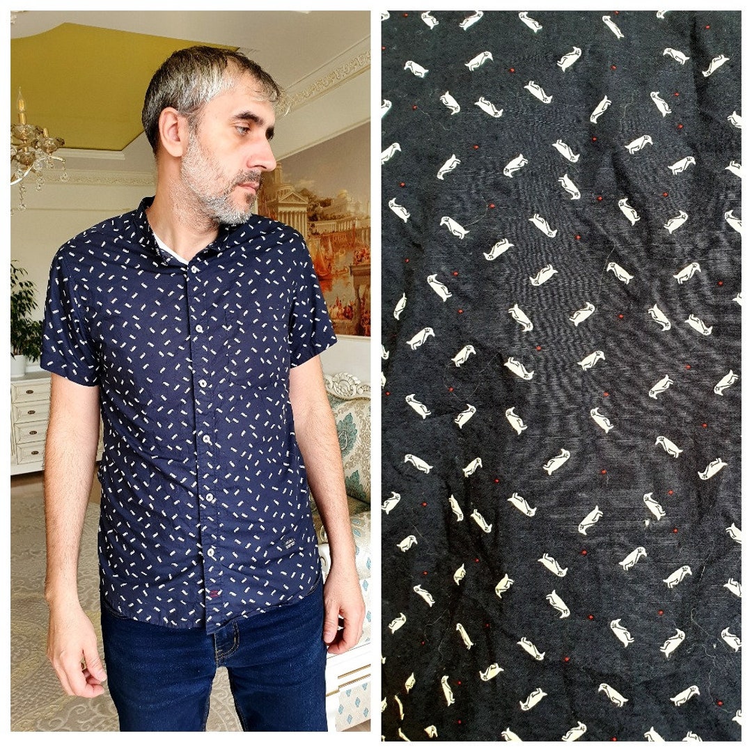 Mens Bird Print Shirt Navy Blue Button Shirt Mens Casual Shirts Boho ...