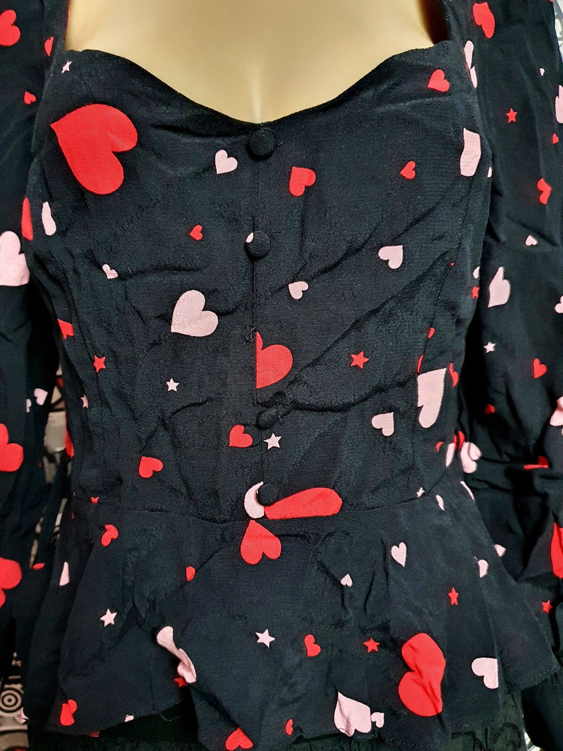 Valentines Day Gift Heart Print Blouse M Black Red Shirt Womens Shirt ...