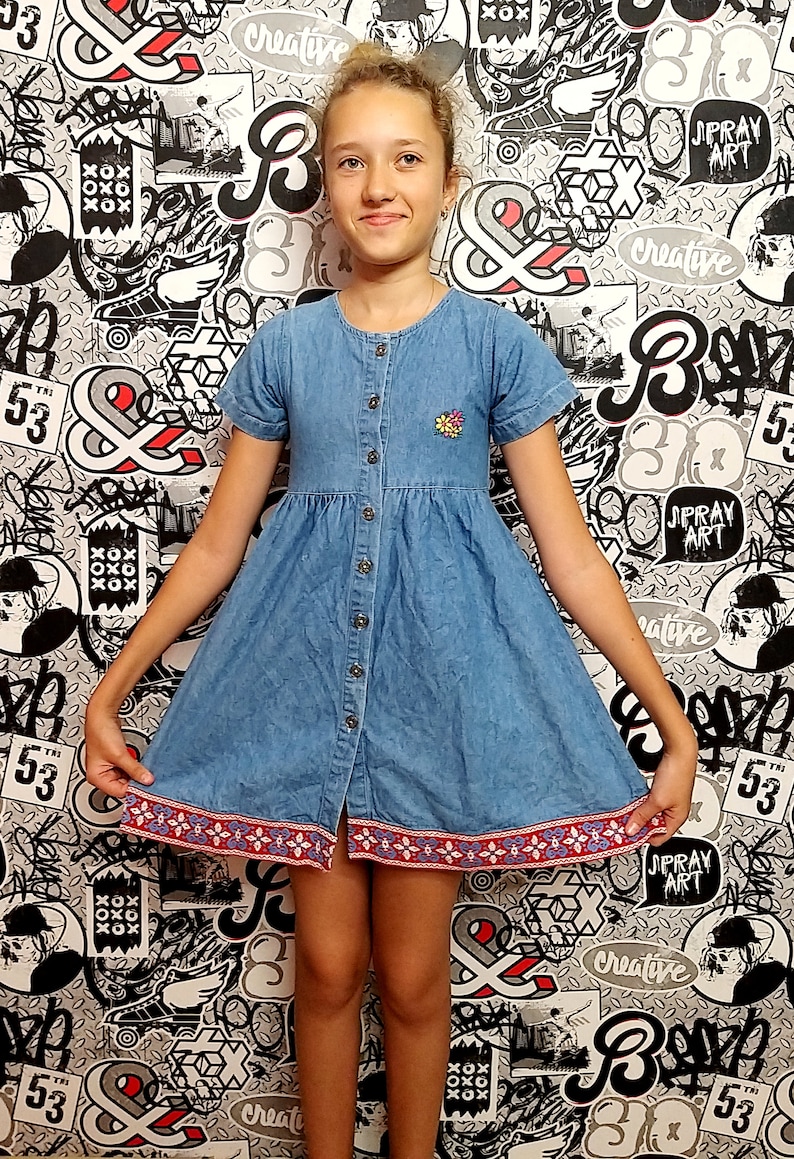 Denim Dress Girls Dress Embroidered Dress Floral Embroidery - Etsy