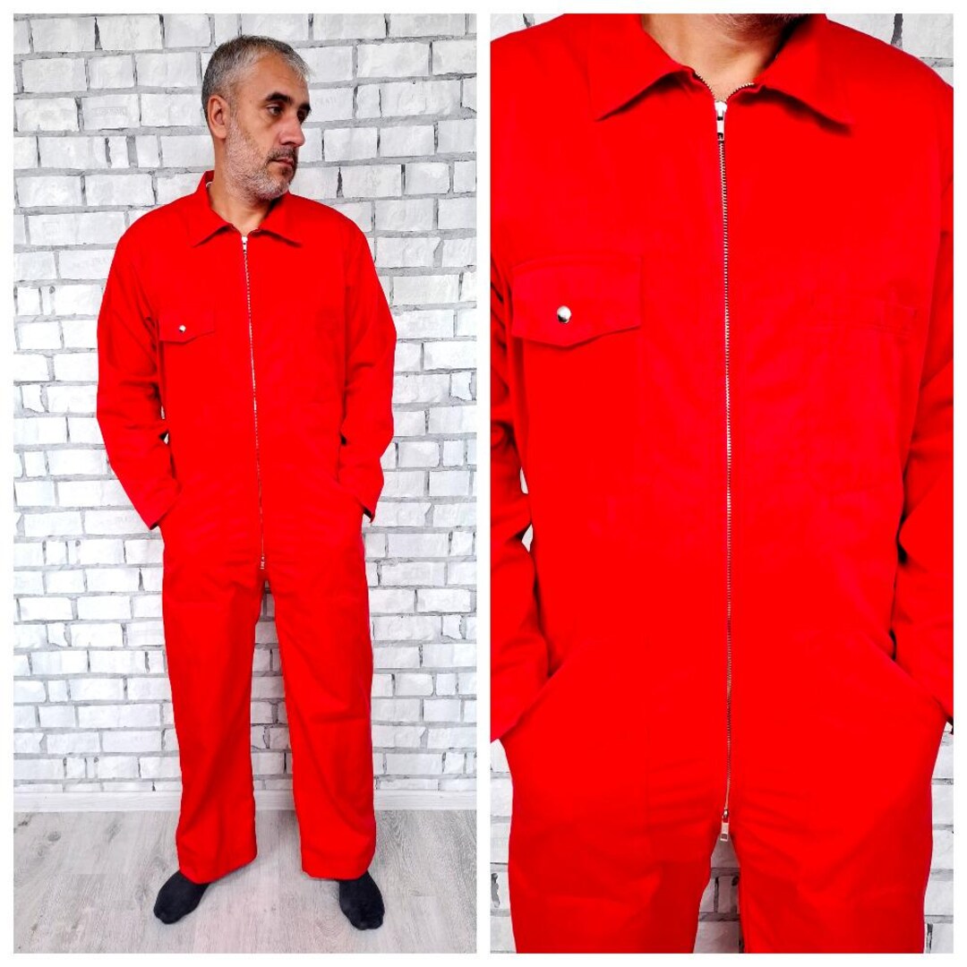 One Piece Red Coveralls L/XL Vintage Red Jumpsuit Mens Overalls Zip up ...