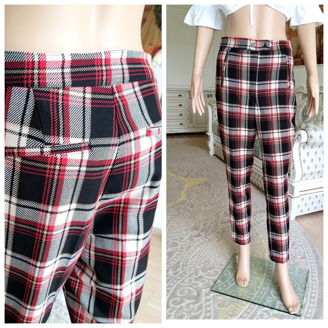 Plaid Pants White RED Plaid Pants Womens Pants Retro Pants - Etsy