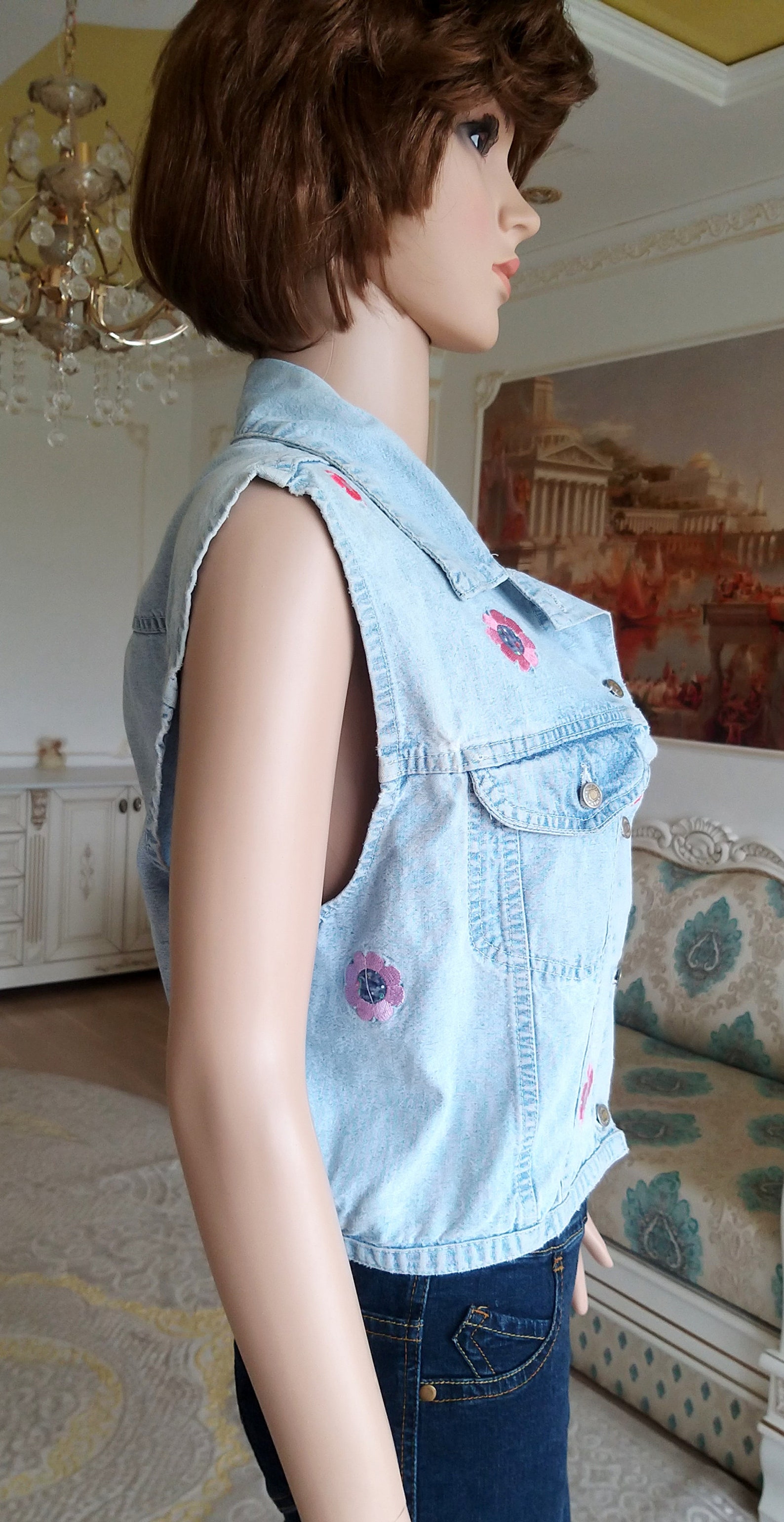 Embroidered Jeans Vest Womens Denim Vest Vintage BLUE Denim | Etsy