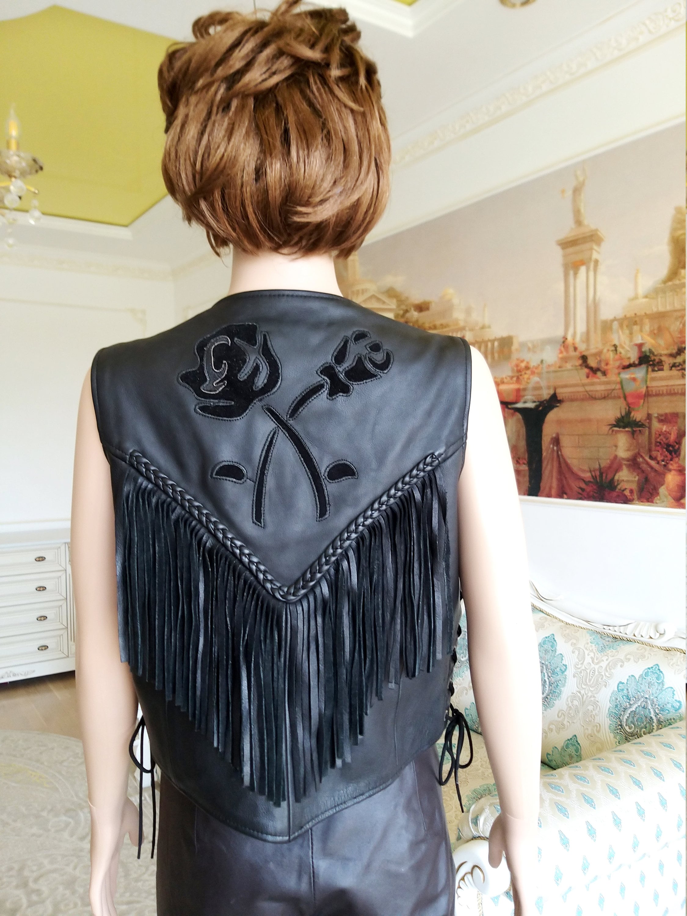 Fringe Vest Black Leather Clothing cowgirl Vest Vintage womens | Etsy