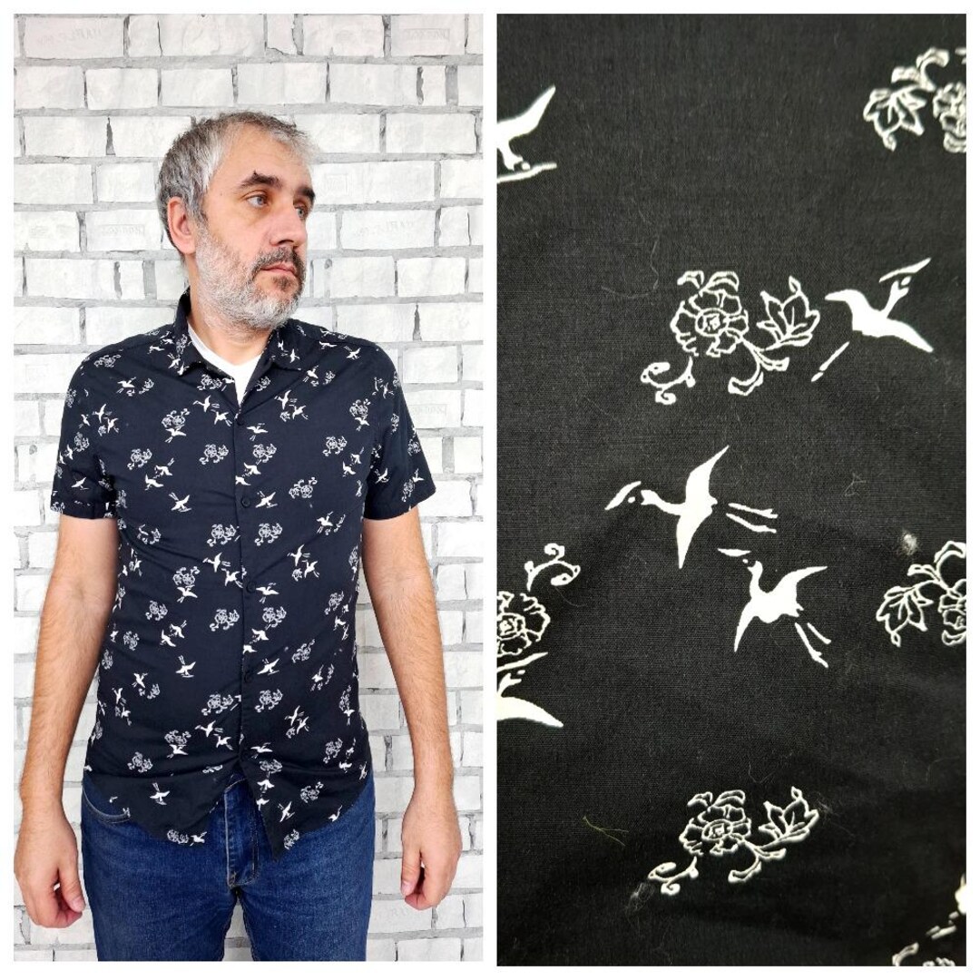 Mens Bird Print Shirt M Stork Print Shirt Black White Shirt Mens Casual ...