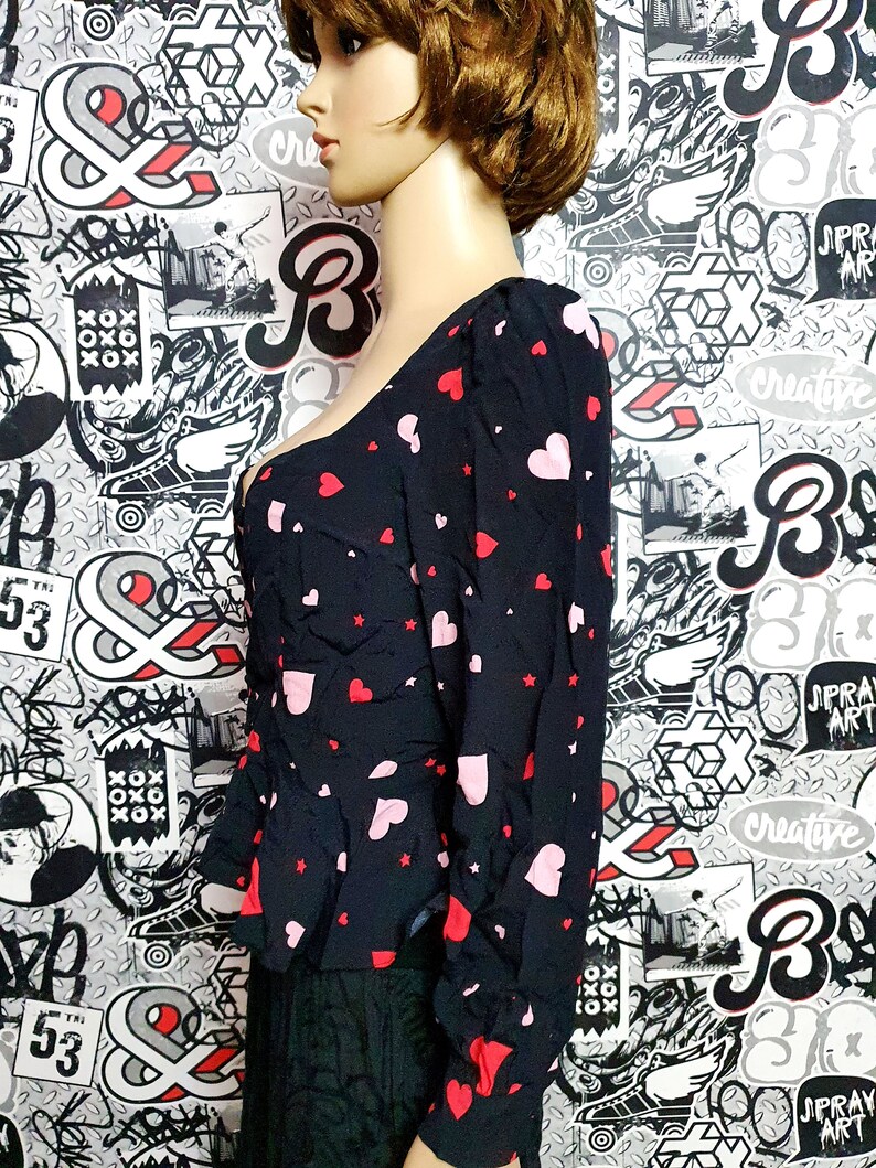 Valentines Day Gift Heart Print Blouse M Black Red Shirt Womens Shirt ...