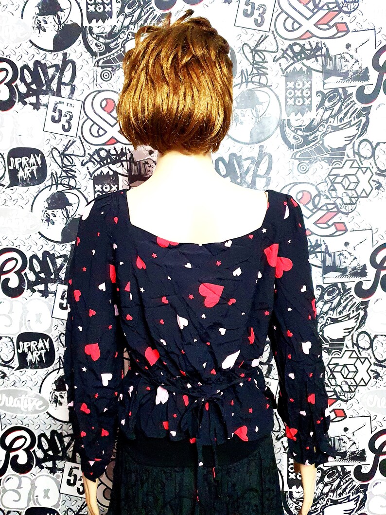Valentines Day Gift Heart Print Blouse M Black Red Shirt Womens Shirt ...