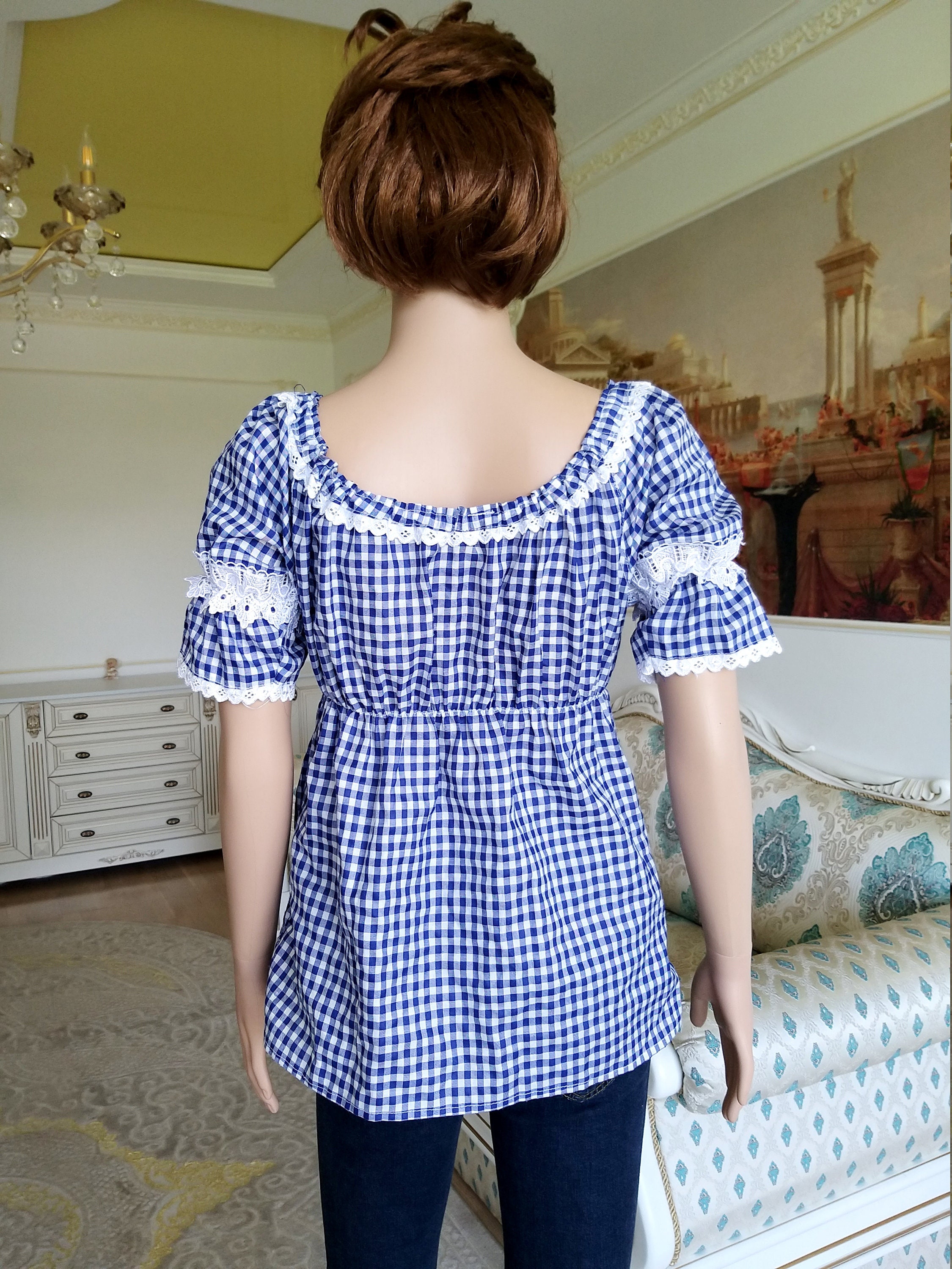 Blue Gingham dirndl top S Dirndl Blouse Crop folk blouse | Etsy