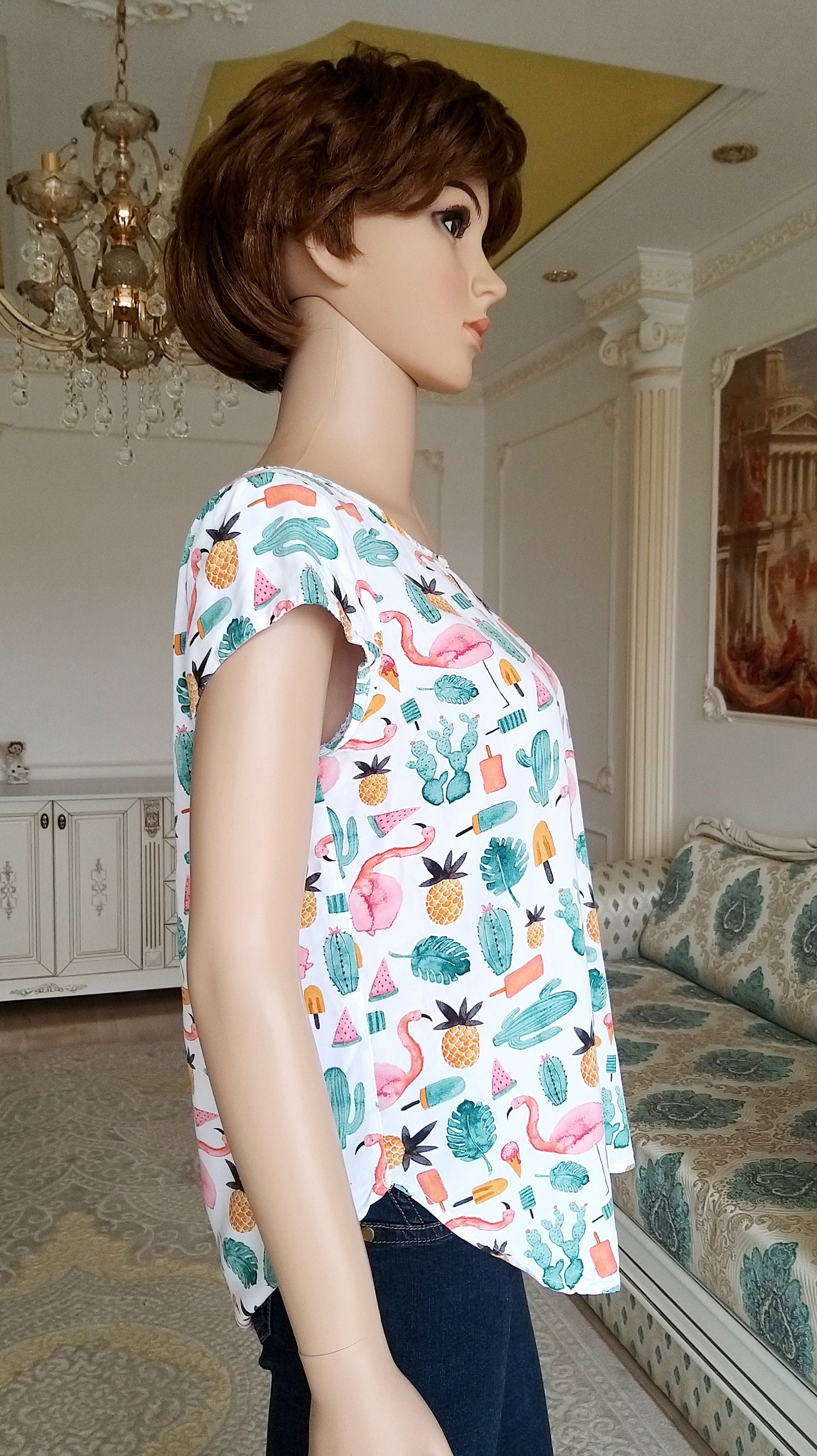 Cactus print Flamingo print blouse Vintage pineapple print | Etsy