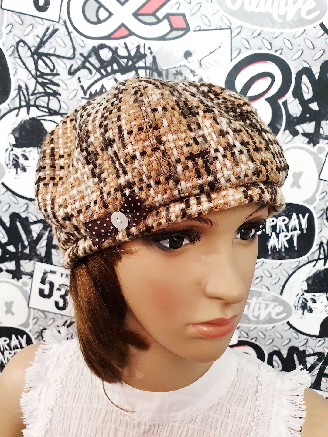 Womens Beret Brown Beret Headwear Retro Hat Checkered Beret Autumn Hat ...
