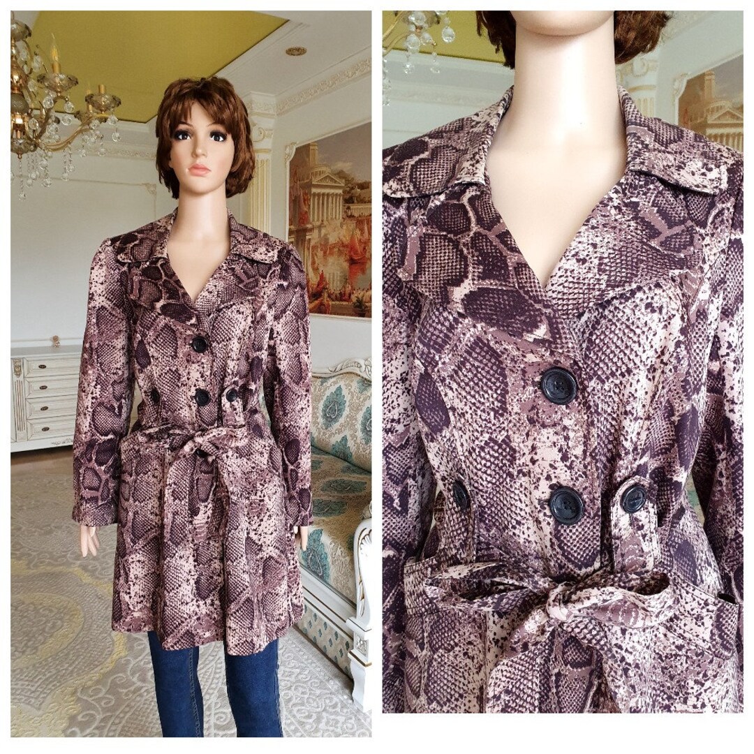 Womens Coat L Trench Coat Snake Print Coat Brown Coat Womens Clothes ...