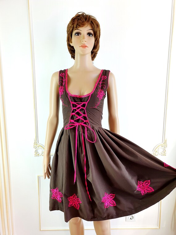 brown pink Dirndl floral dress Oktoberfest Clothing… - Gem