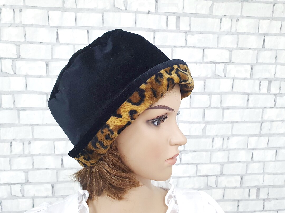 Reversible Leopard Print Black Velvet Hat Women Hat Velvet Cap Velvet ...