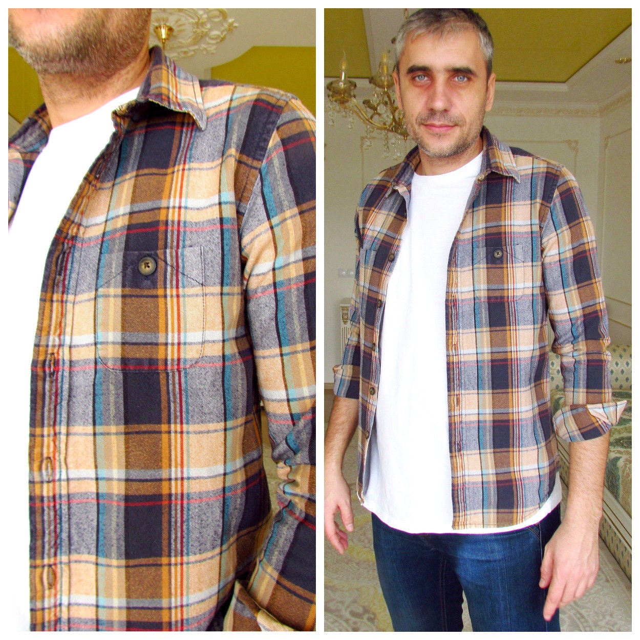 Brown Plaid shirt mens shirt Cowboy Shirt Button Up Shirt mens | Etsy