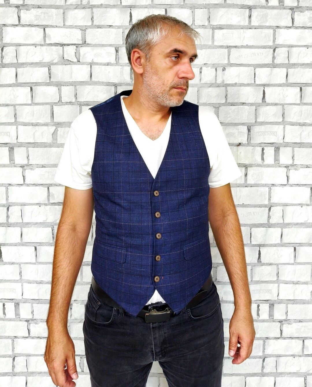 Vintage Navy Blue Plaid Vest M Mens Waistcoat Mens Mens Vest Groom Vest ...