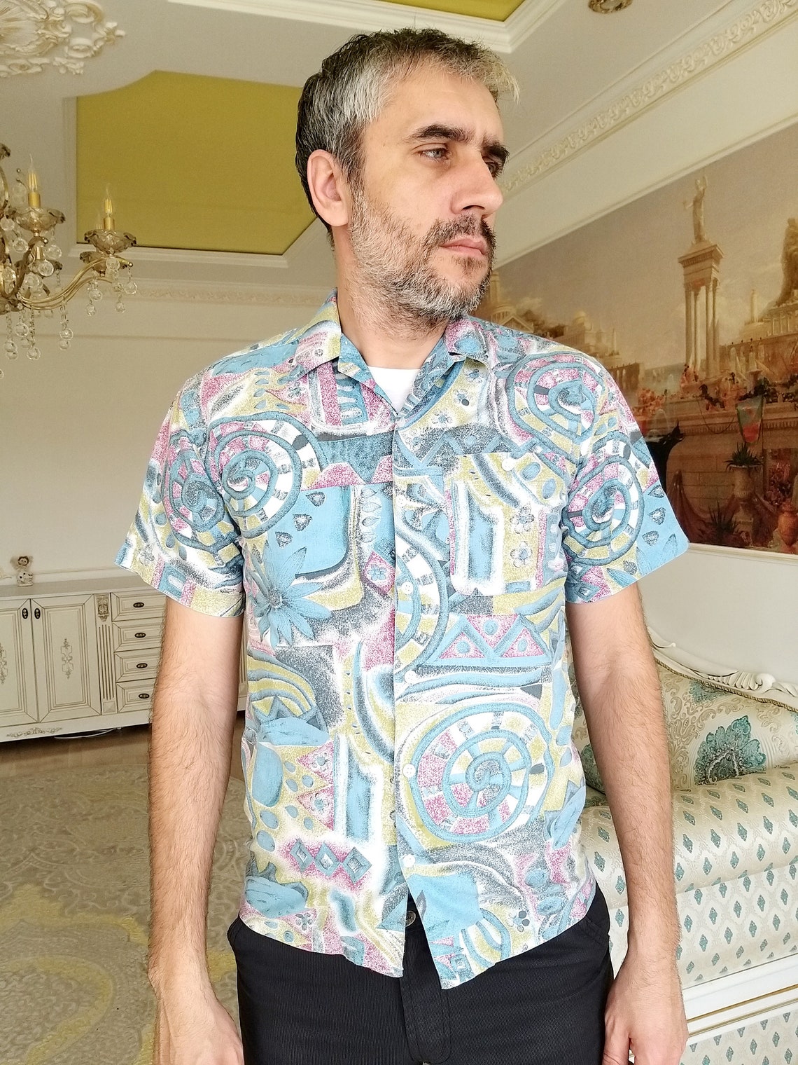 Mens shirt S multicolor shirts Abstract print shirts casual | Etsy