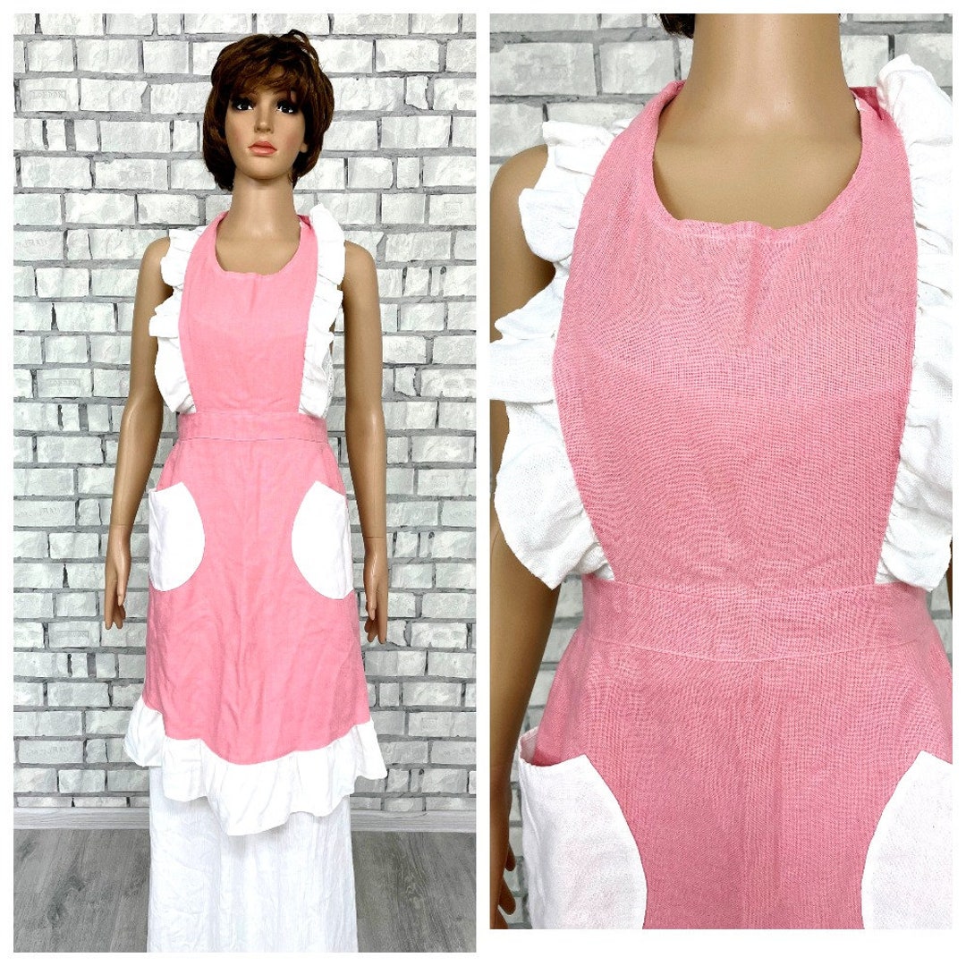 Farmhouse Gift Housewife Gift Farmhouse Ruffle Apron Pink White Cotton ...